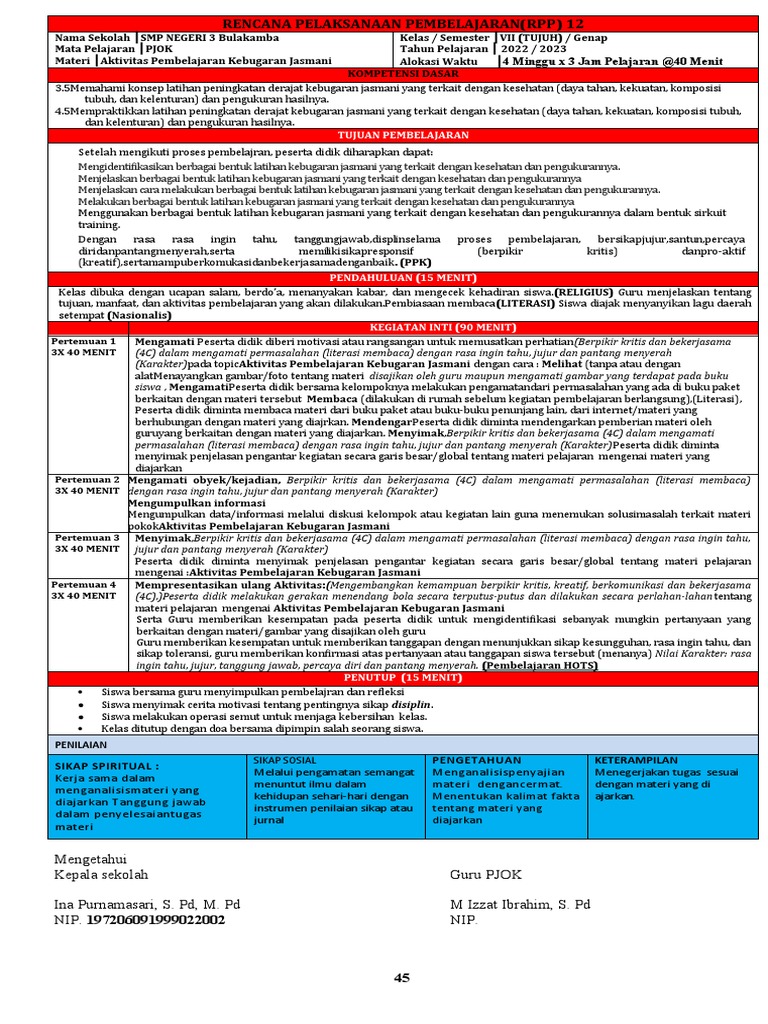 RPP Kebugaran Jasmani Kls 7 Genap | PDF | Karier & Perkembangan