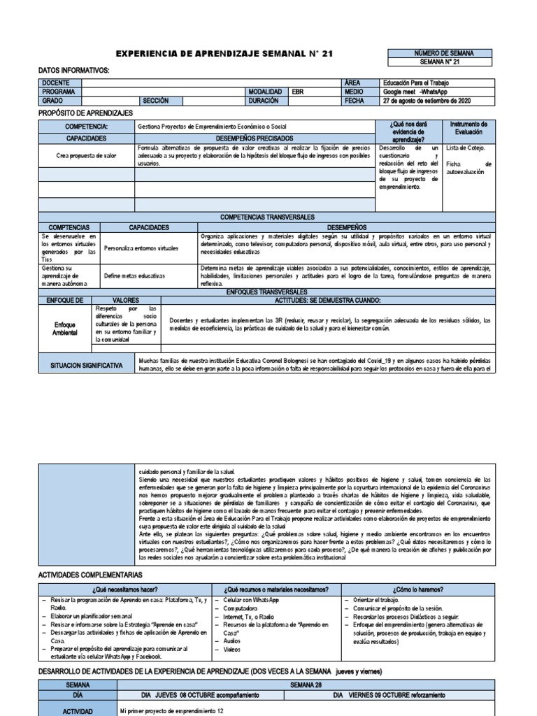 Experiencia de aprendizaje SEMANA 21 VII CICLO | PDF | Aprendizaje | Iniciativa empresarial