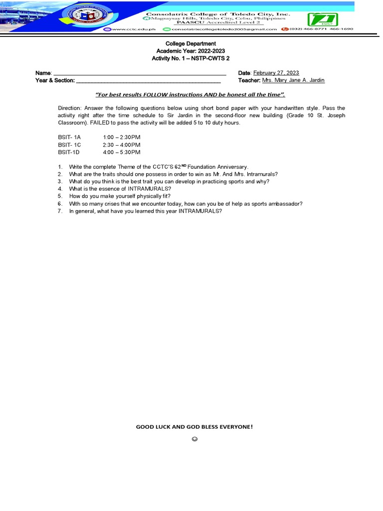Nstp Cwts 2 Activity Pdf Sports Recreation