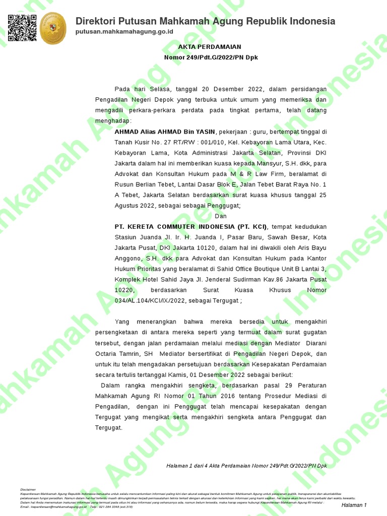 Akta Perdamaian PT KCI vs Ahmad | PDF