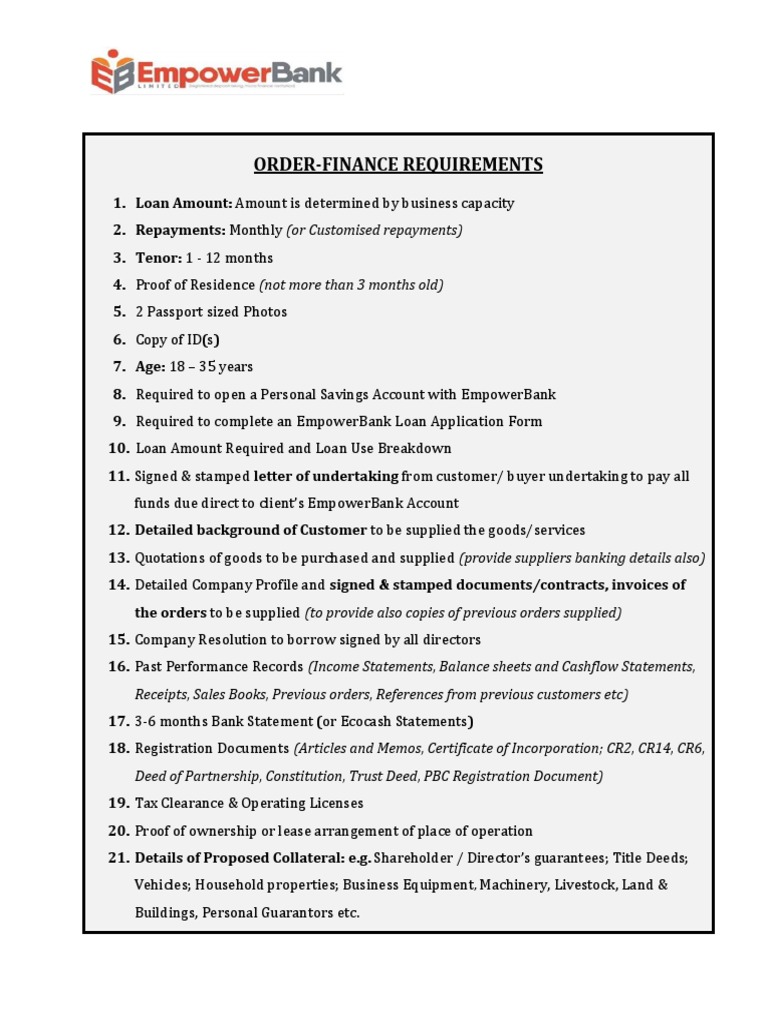 EmpowerBank - Order Finance Requirements 2022 | PDF