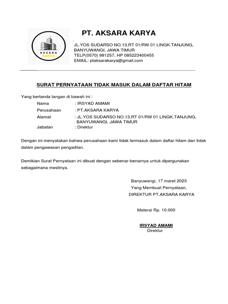 Surat Pernyataan Tidak Masuk Daftar Hitam Kelompok 1 | PDF