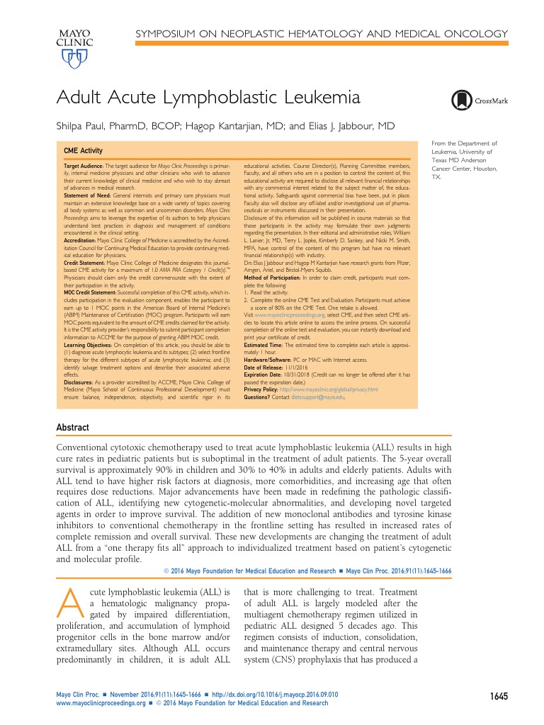Adult Acute Lymphoblastic Leukemia | PDF | Chemotherapy | Leukemia