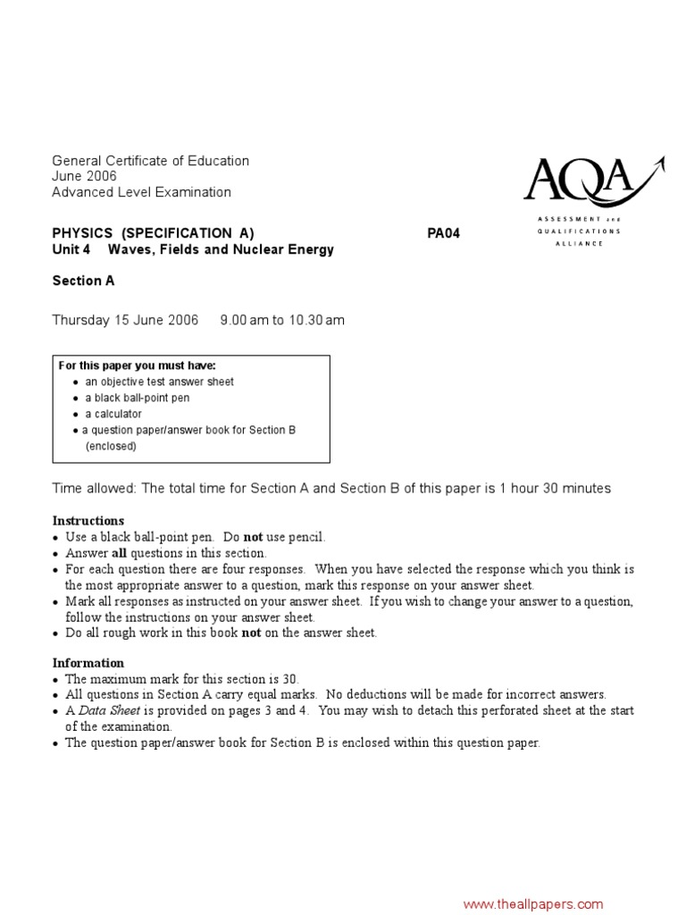 AQA PA04A W QP JUN06 1j | PDF | Nuclear Fission | Nuclear Reaction AQA PA04A W QP JUN06 1j | PDF | Nuclear Fission | Nuclear Reaction
