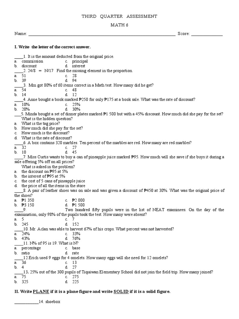 Third Quarter Assessment Math 6 Name: - Score | PDF