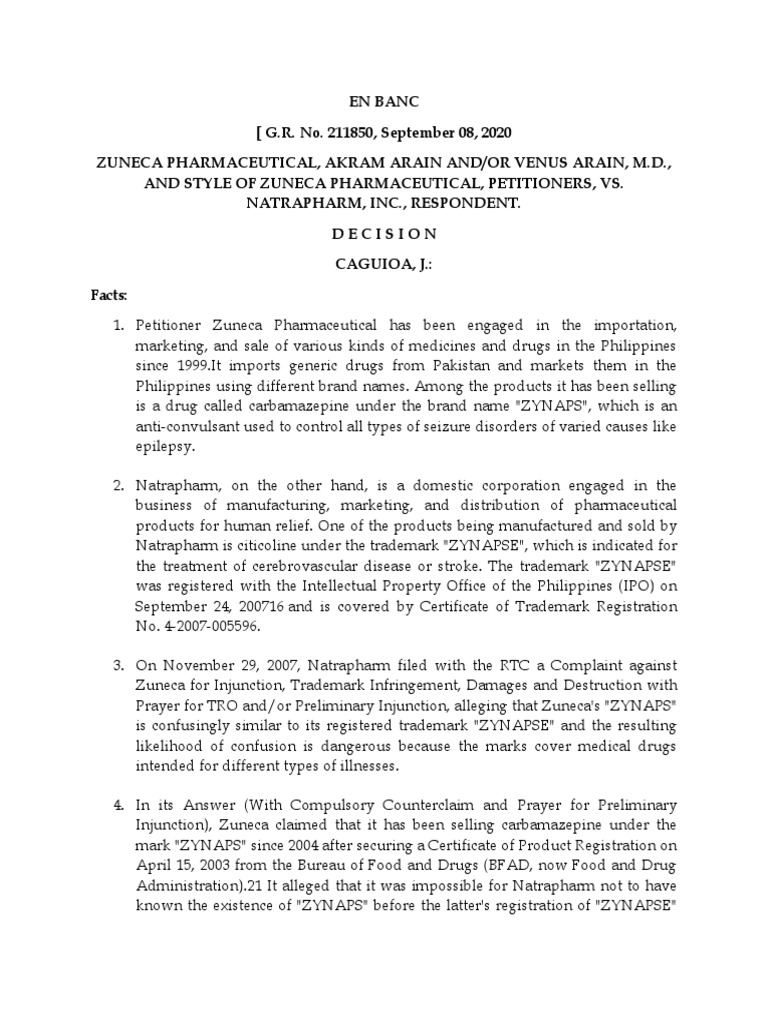 Case Digest Zuneca Pharmaceuticals v. Natrapharm Inc., (G.R. No. 21850 ...