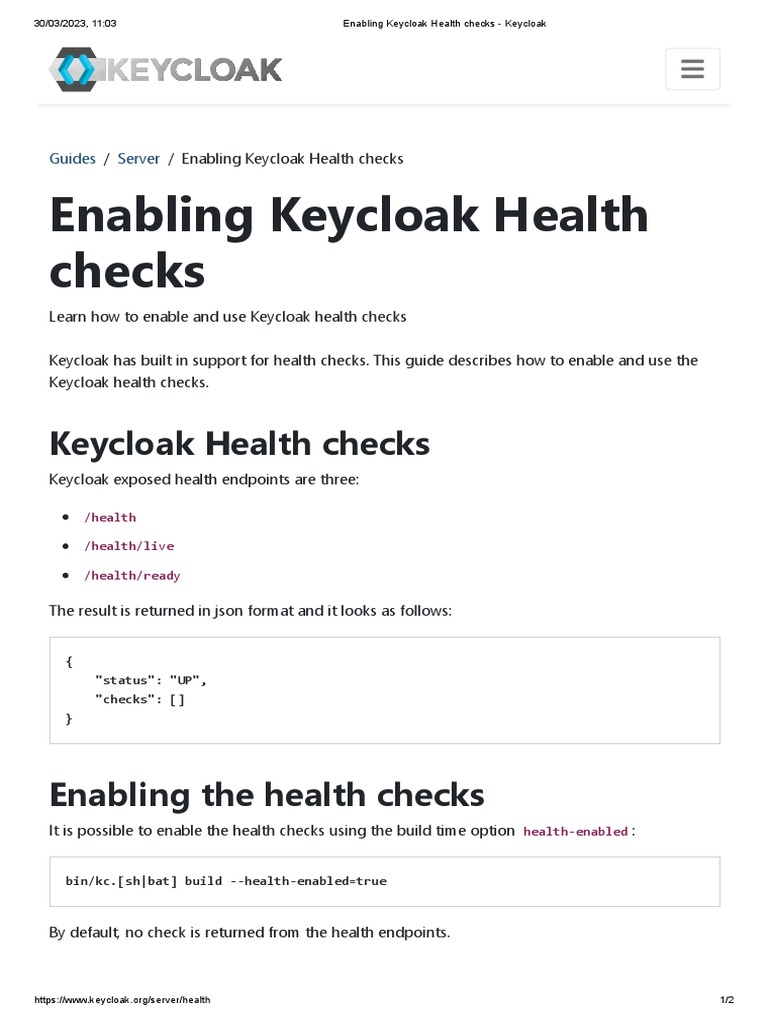 Enabling Keycloak Health Checks - Keycloak | PDF