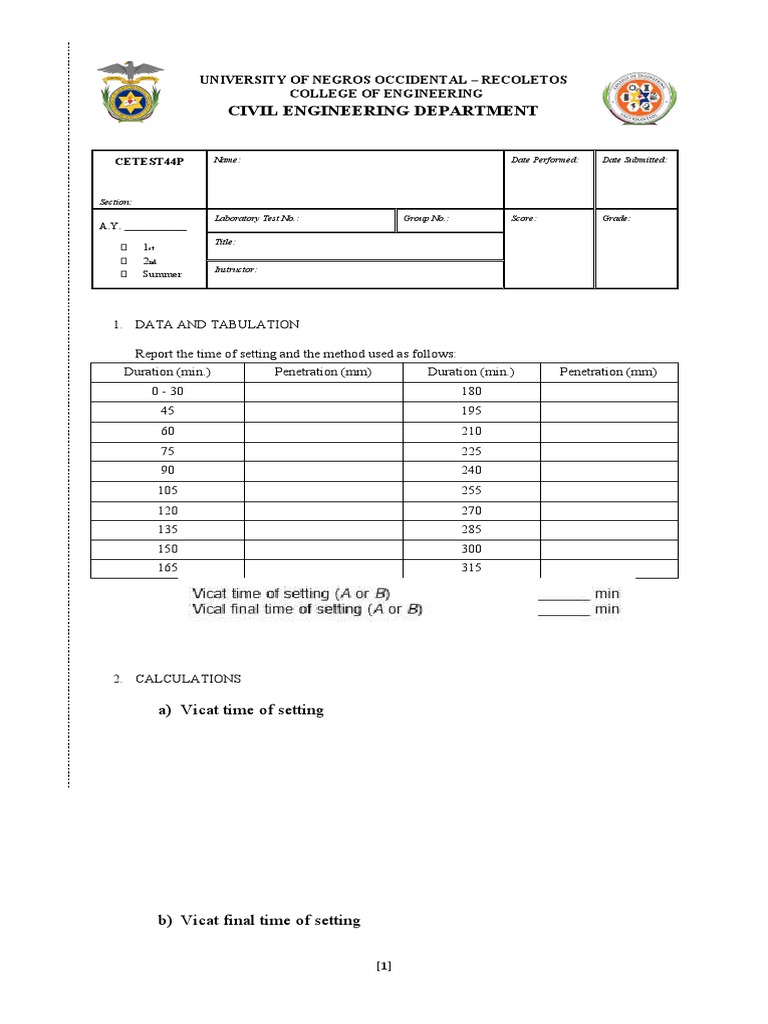 Civil Engineering Lab Report: Vicat Test | PDF