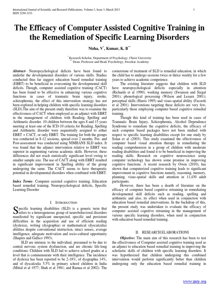 The Efficacy of Computer Assisted Cognitive Training in The Remediation ...