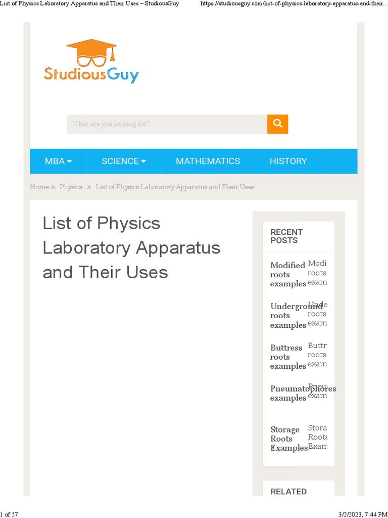 List of Physics Laboratory Apparatus and Their Uses - StudiousGuy | PDF ...