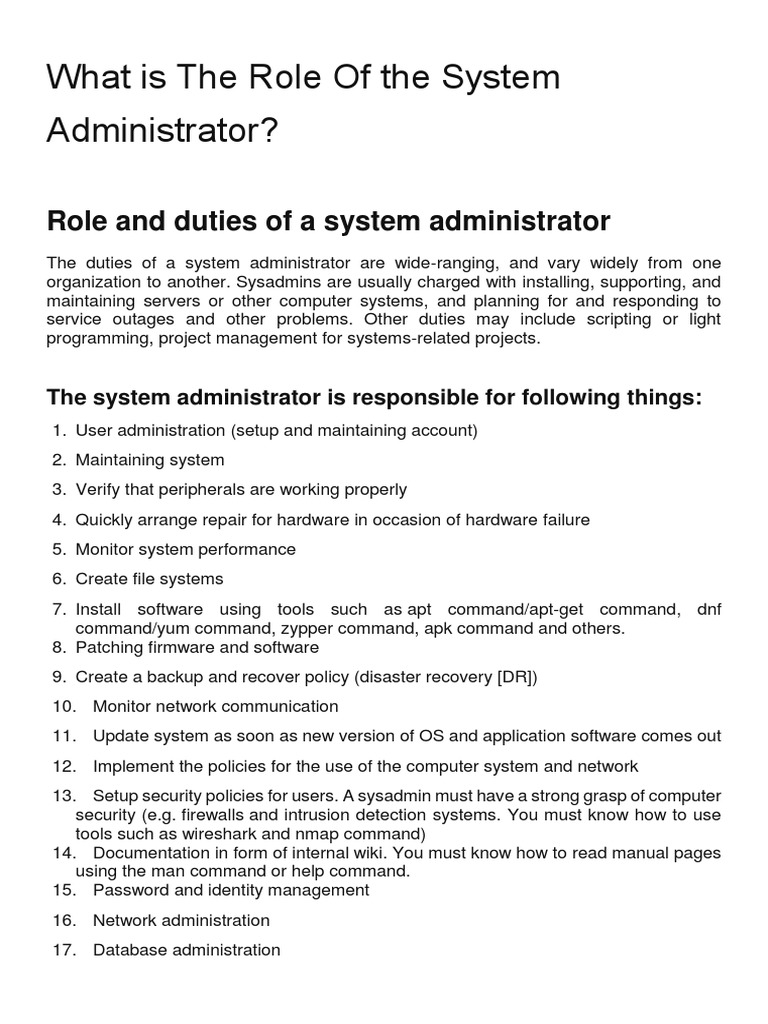 Role and Responsibilities of Sysadmins | PDF | System Administrator ...
