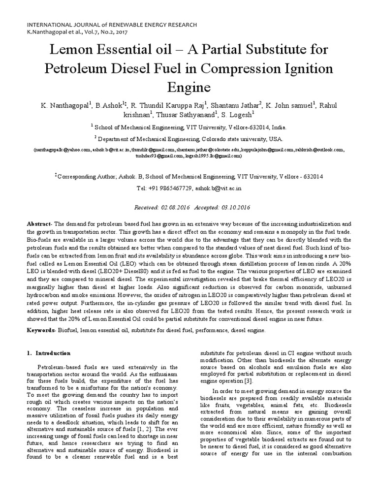Lemon Essential Oil A Partial Substitute | PDF | Diesel Fuel | Combustion