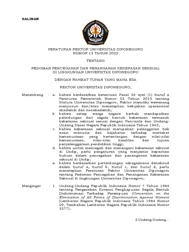 Peraturan Rektor Nomor 13 Tahun 2022 Tentang Pedoman Pencegahan Dan Penanganan Kekerasan Seksual ...