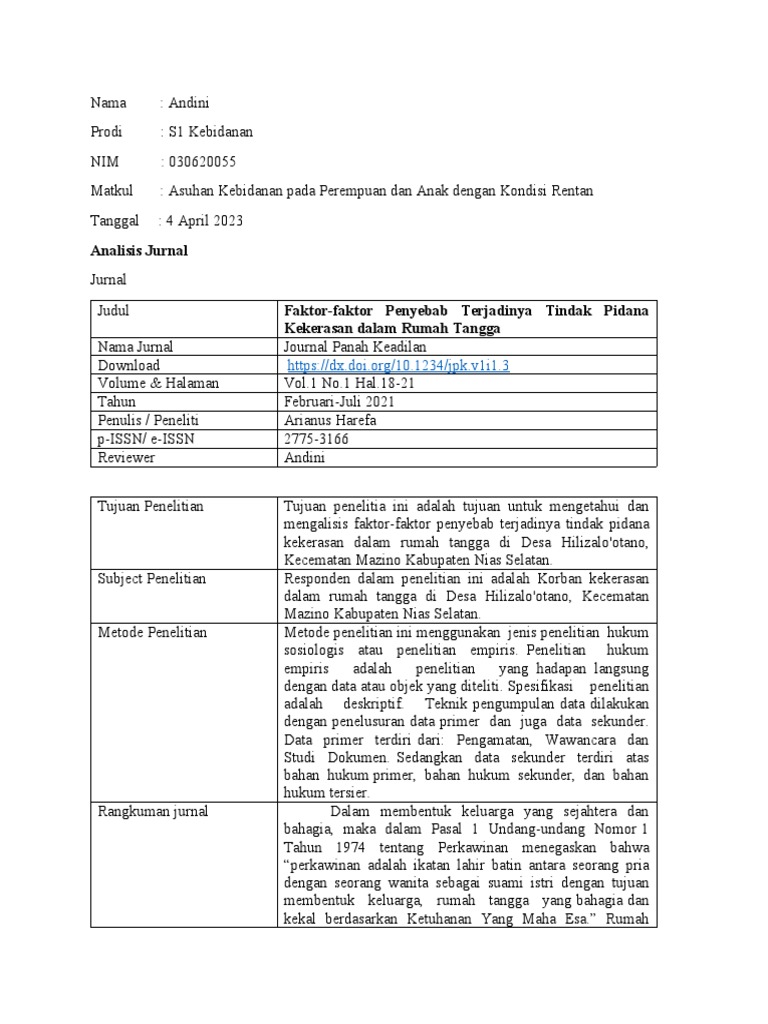 Tugas Analisis Jurnal Asuhan Kebidanan Pada Perempuan Dan Anak Dengan Kondisi Rentan Pert-4 | PDF