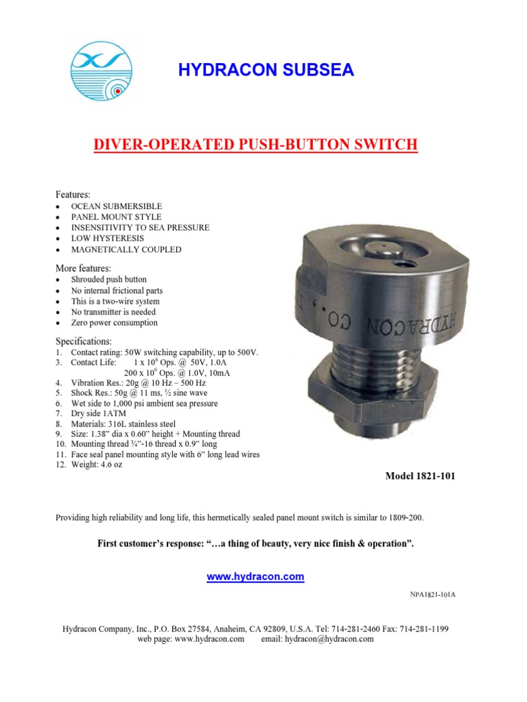 Hydracon Subsea: Diver-Operated Push-Button Switch | PDF
