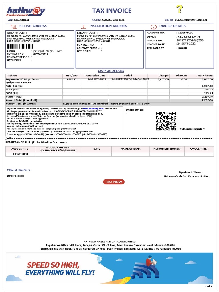 Segmented 40 Mbps Docsis Subscription Invoice for Kiran Gadhe from Hathway Cable and Datacom ...