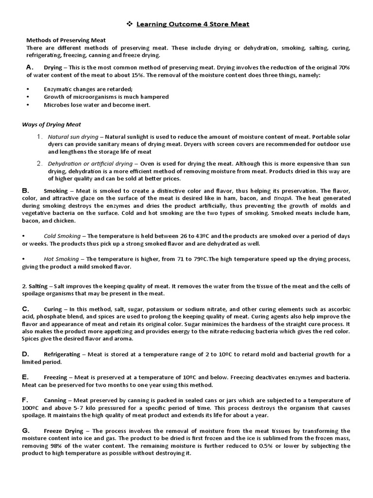 COOKERY 10 MODULE Learning Outcome 4 Store Meat | PDF | Curing (Food ...
