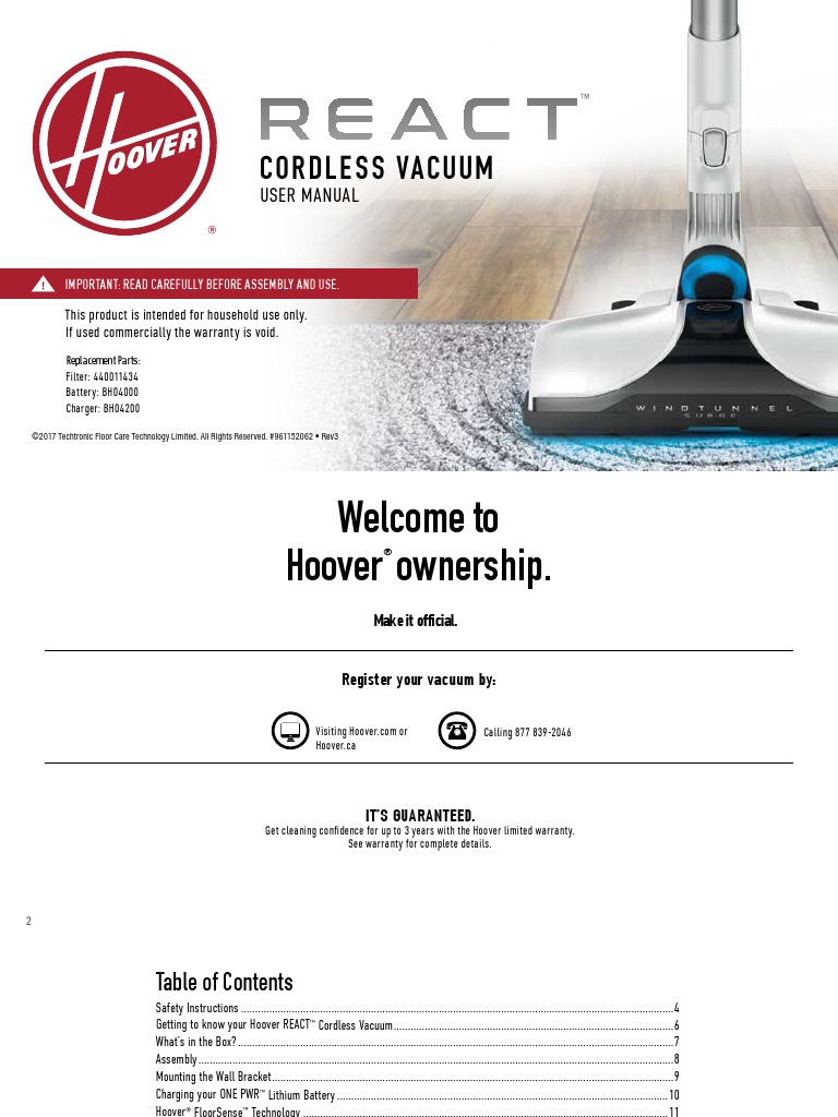 Hoover REACT Cordless Manual | PDF | Vacuum Cleaner | Battery Charger