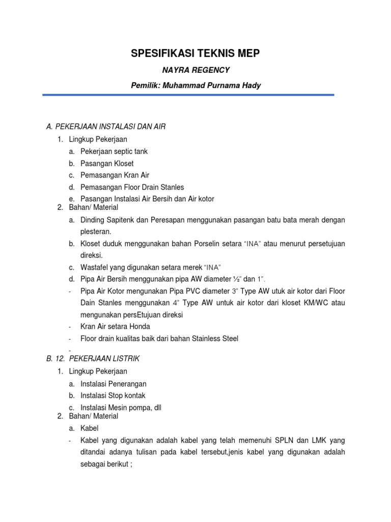 Mep-Spesifikasi Teknis Mep | PDF
