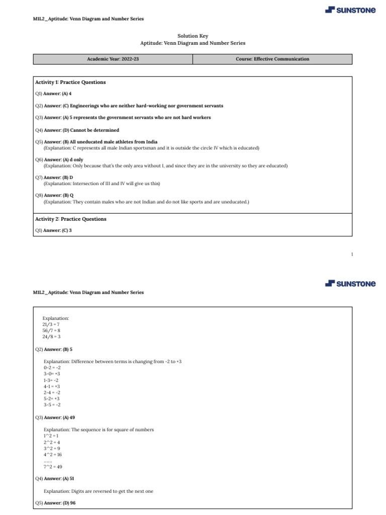 Lecture 2 - Aptitude - Venn Diagram and Number Series - Solution Key | PDF | Mathematics ...