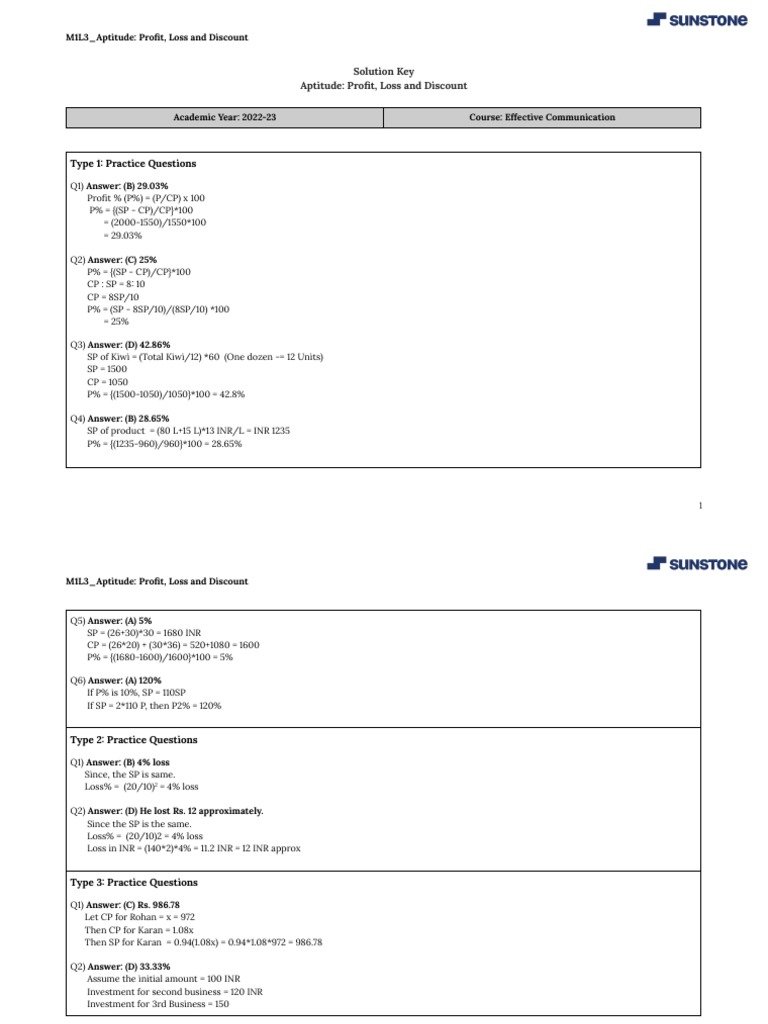 Lecture 3 - Aptitude - Profit, Loss and Discount - Solution Key | PDF Lecture 3 - Aptitude - Profit, Loss and Discount - Solution Key | PDF