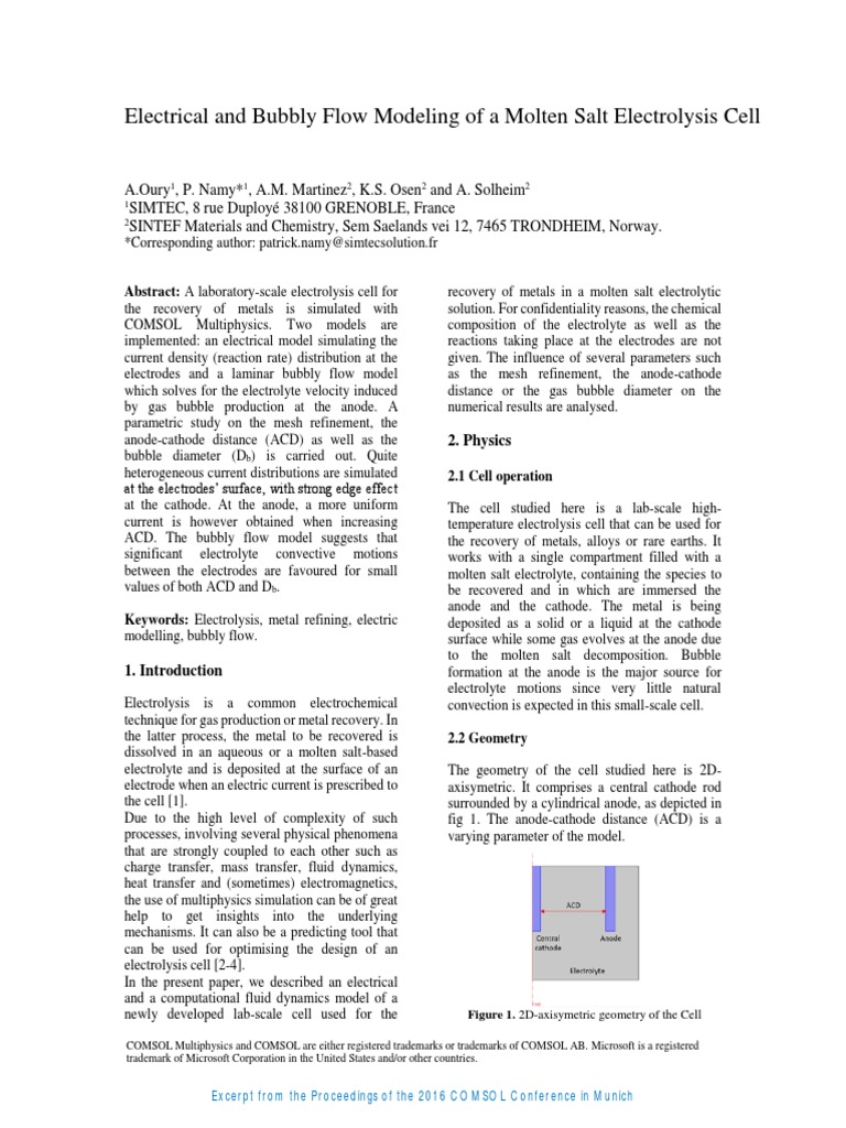 Electrical and Bubbly Flow Modeling Molten Salt Electrolysis Cell | PDF | Anode | Electrode