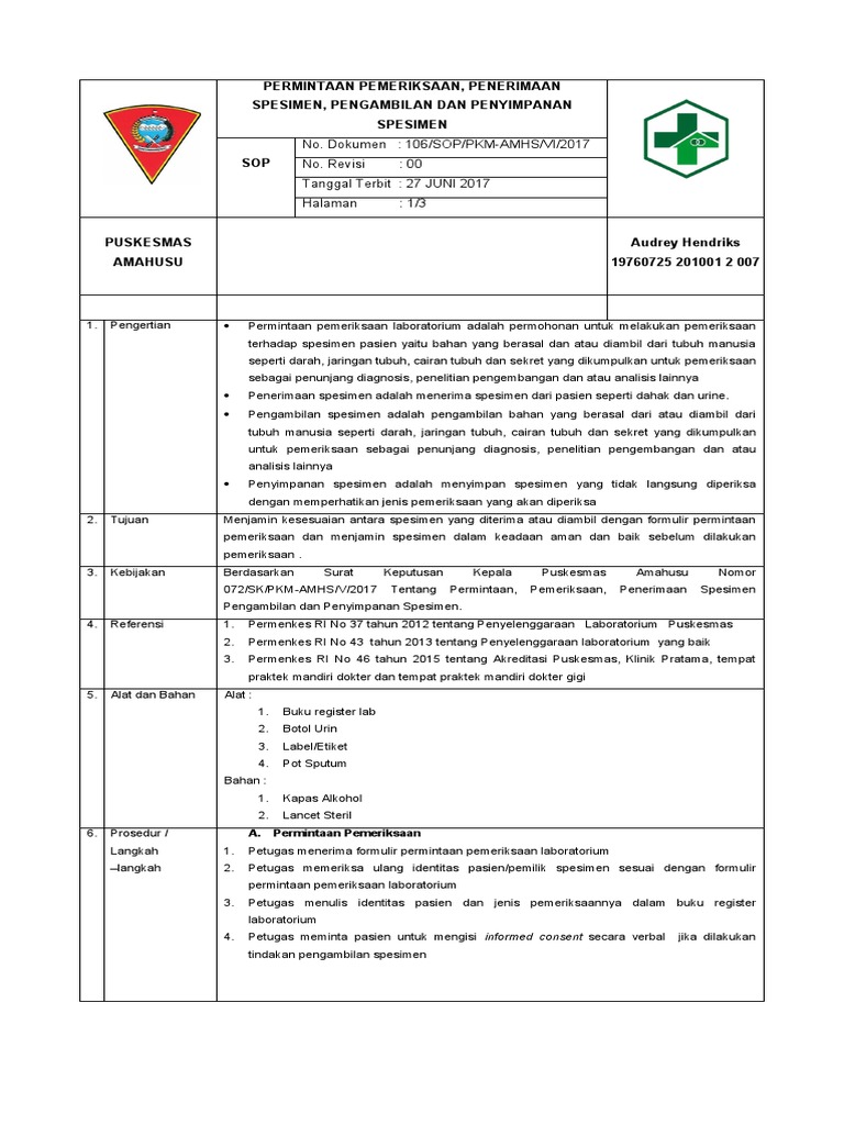 8.1.2.1 No.106 Sop Permintaan Pemeriksaan, Penerimaan Spesimen, Pengambilan Dan Penyimpanan ...