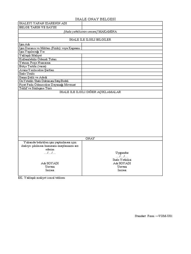 İhale Onay Belgesi: (Ihale Yetkilisinin Unvanı) MAKAMINA | PDF