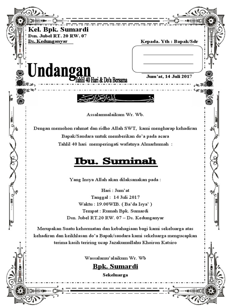 Kel. Bpk. Sumardi: Kepada. Yth: Bapak/Sdr Dsn. Jubel RT. 20 RW. 07 Ds. Kedunganyar | PDF