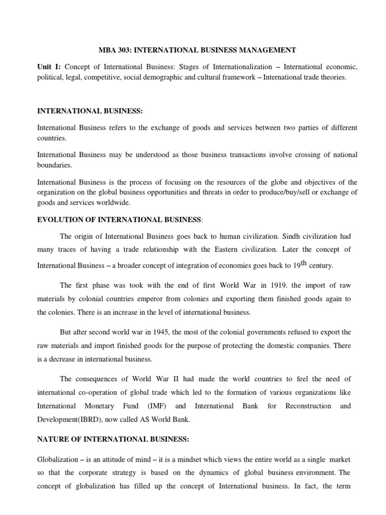 Mba 303: International Business Management Unit I: Concept of International Business: Stages of ...