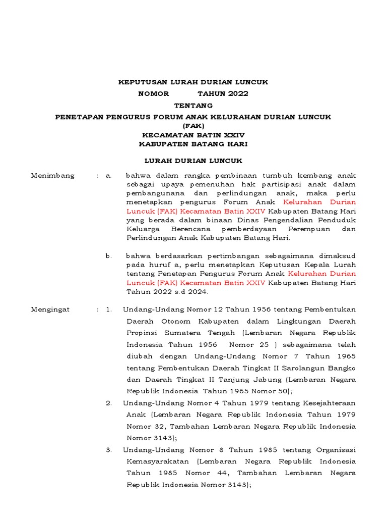 Contoh SK Forum Anak Desa Kelurahan | PDF