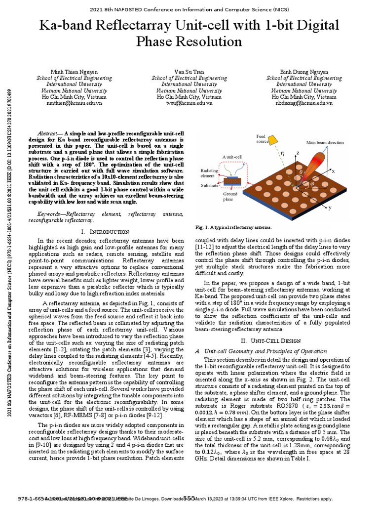 Ka Band Reflectarray Unit Cell With 1 Bit Digital Phase Resolution Pdf Antenna Radio