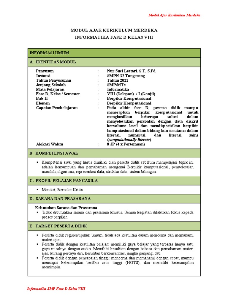Modul Ajar - Bab 2 - Informatika - Kelas 8 - Nur Suci Lestari | PDF