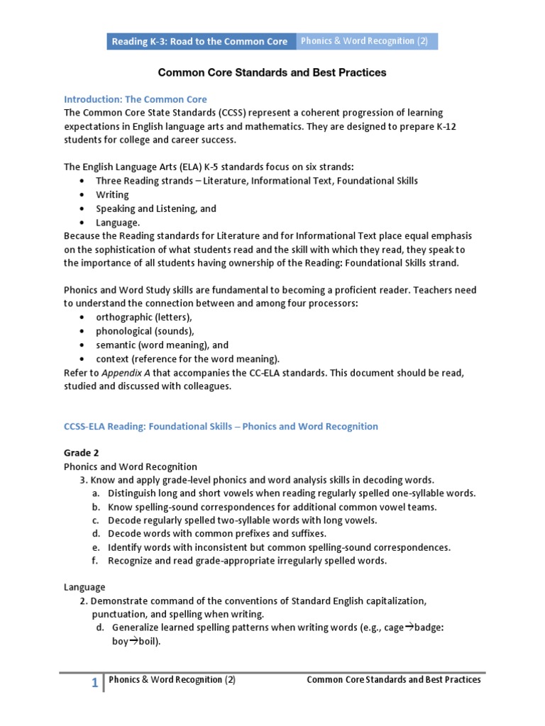 Phonics Word Recognition (2) Common Core Standards and Best Practices ...