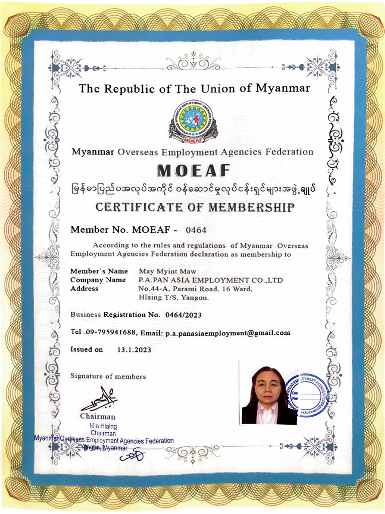 Certificate of Membership in the Myanmar Overseas Employment Agencies ...