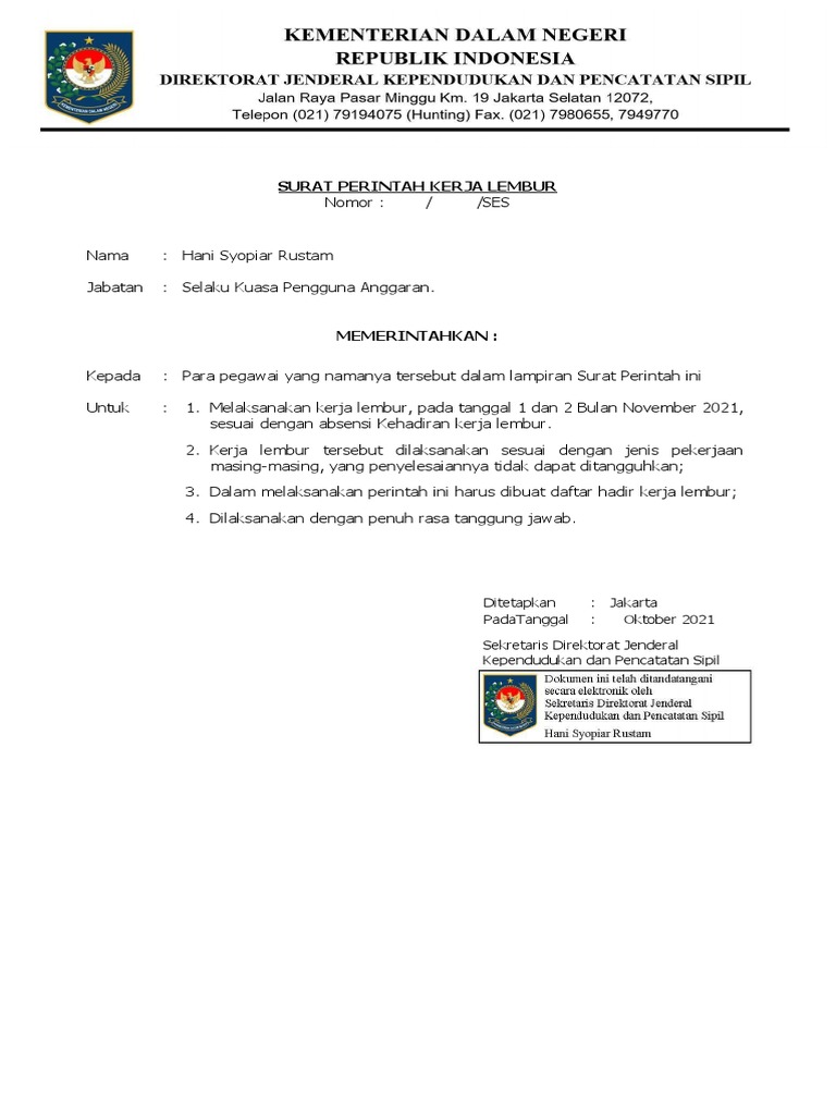 Surat Perintah Kerja Lembur | PDF