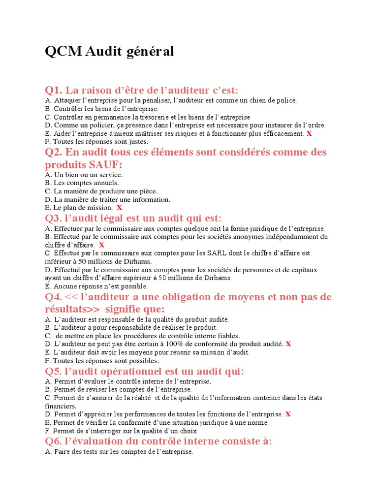 QCM Audit Général | PDF | Audit | Contrôle interne