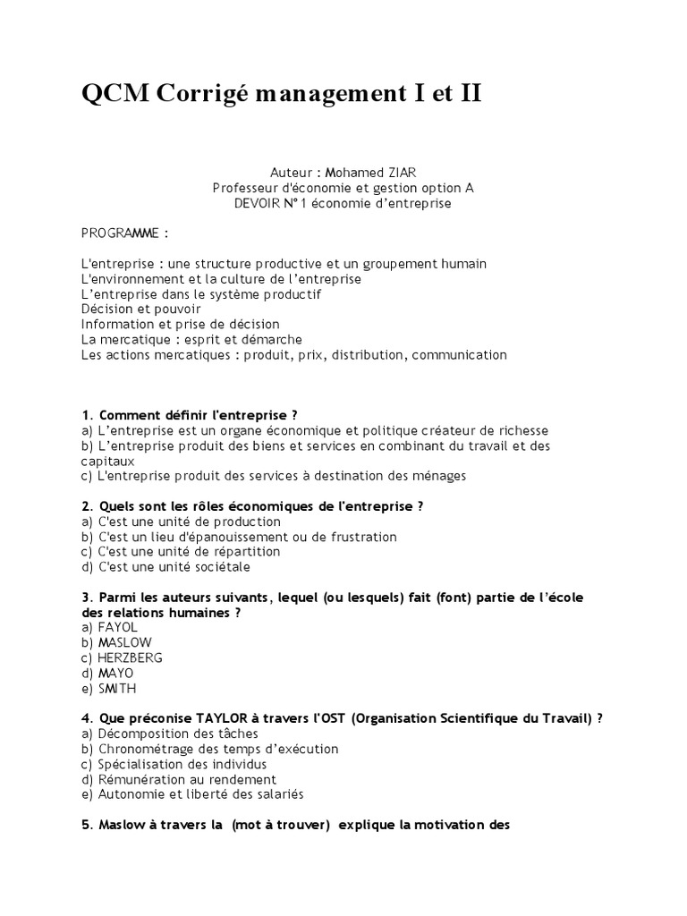 QCM Corrigé Management I Et II | PDF | Business | Économie
