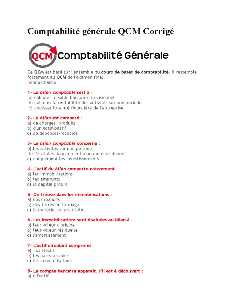 QCM Comptabilité Générale | PDF | Bilan comptable | Banques