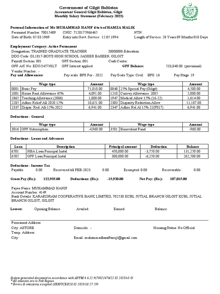 February 2023 Salary Slip - Teacher | PDF | Tax Deduction | Loans