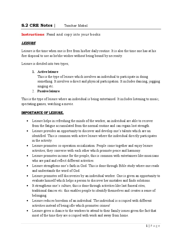 S.2 CRE Notes - : Leisure | PDF | Jesus | Disciple (Christianity)