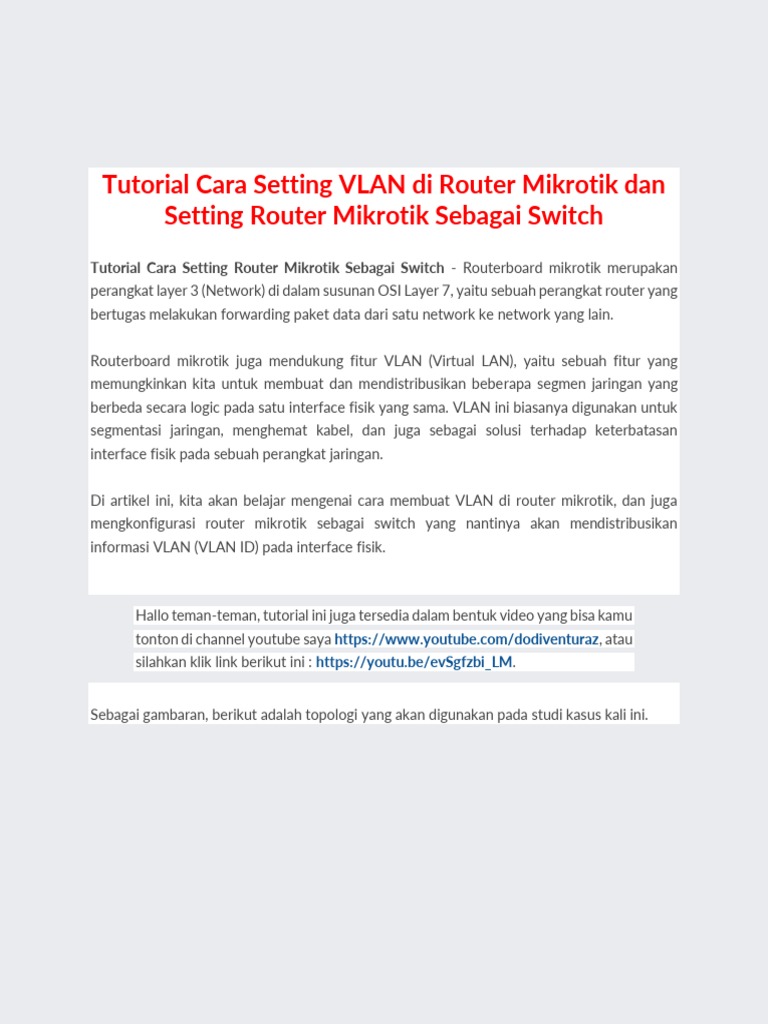 Tutorial Cara Setting VLAN Di Router Mikrotik Dan Setting Router Mikrotik Sebagai Switch | PDF