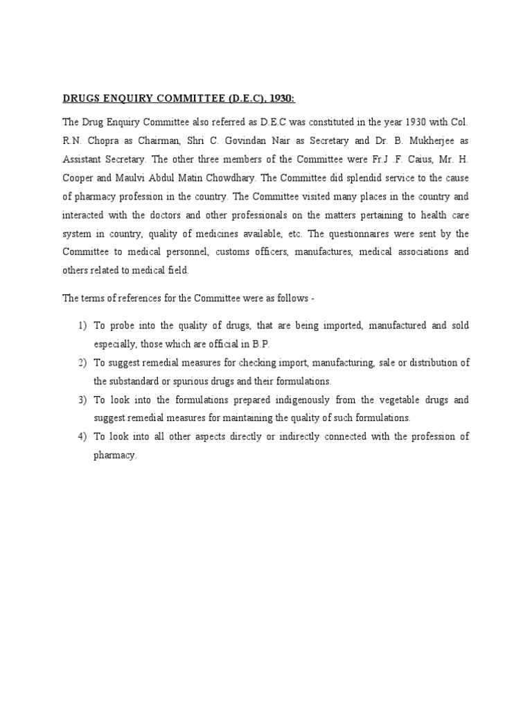 Drugs Enquiry Committee (D.E.C), 1930 | PDF | Pharmacy | Medical Treatments