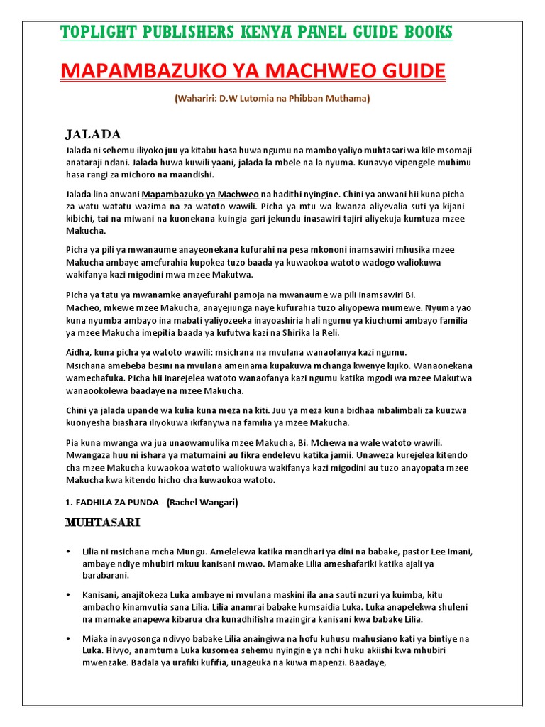 Mapambazuko Ya Machweo Guide: Toplight Publishers Kenya Panel Guide Books | PDF