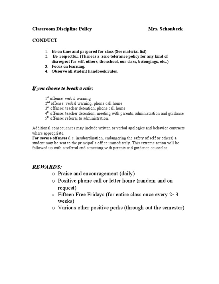 Classroom Discipline Policy | PDF