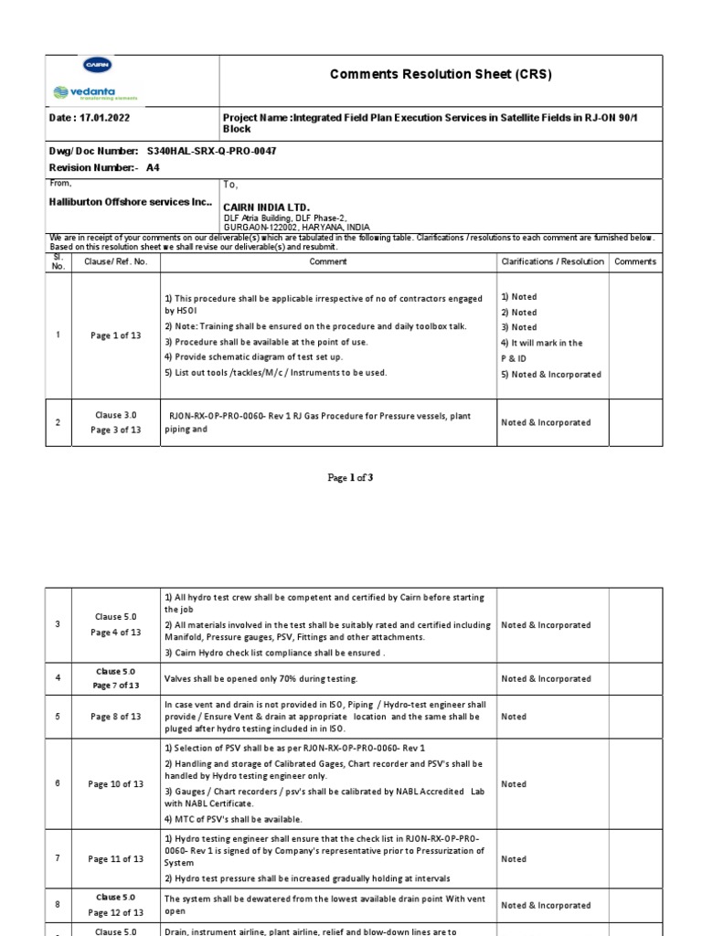 Comments Resolution Sheet (CRS) | PDF | Valve | Pressure