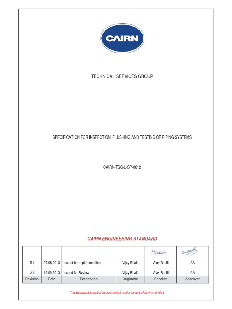 Specification For Inspection, Flushing and Testing of Piping System ...