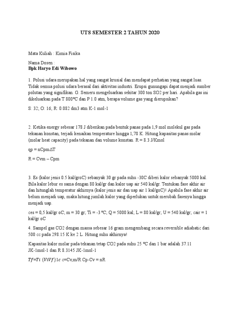 Uts Kimfis Semester 2 Tahun 2020 | PDF