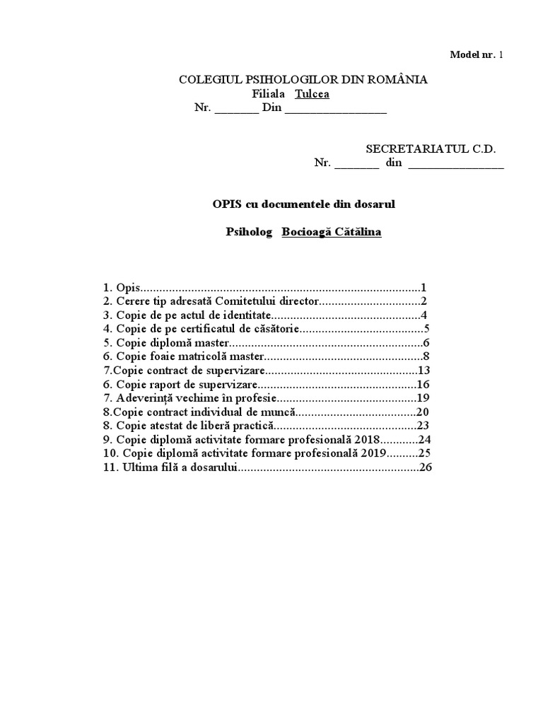 Model - 1 Opis Dosar de Atestare | PDF