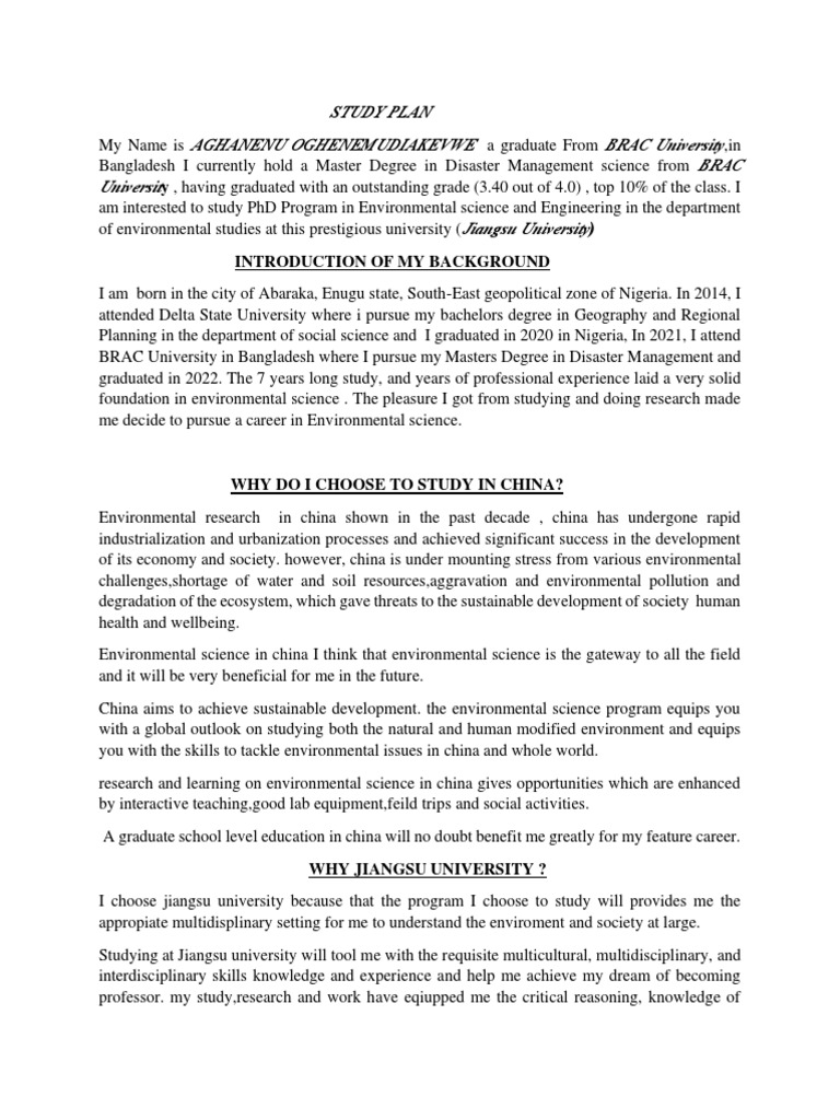 PhD Study Plan in Environmental Science | PDF | Sustainability | Environmental Science